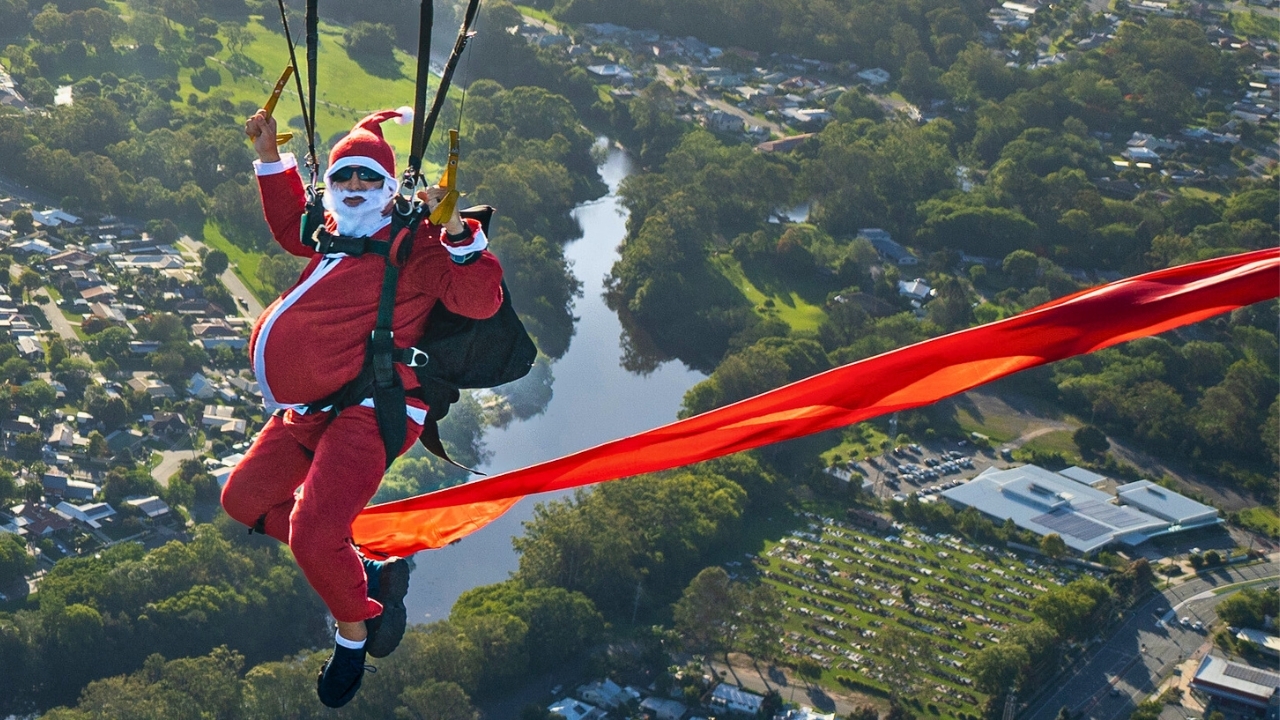 Santa skydives into Christmas